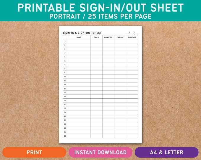 Sign-in Sign-out Sheet - Printable - Template - Portrait - Time in Out ...