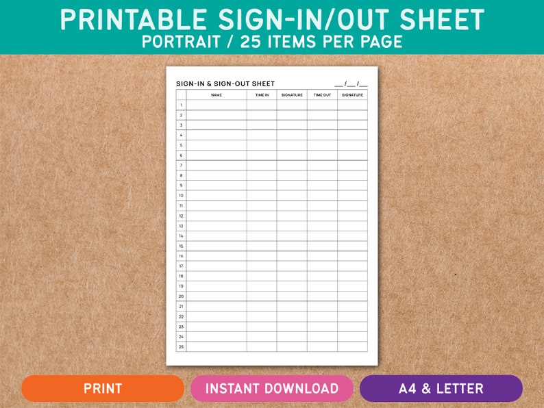 Sign-in Sign-out Sheet - Printable - Template - Portrait - Time in Out ...