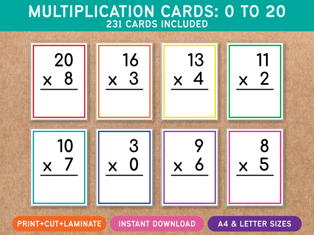 Multiplication Cards - Numbers 0 to 20 - Printable - Flash Cards ...
