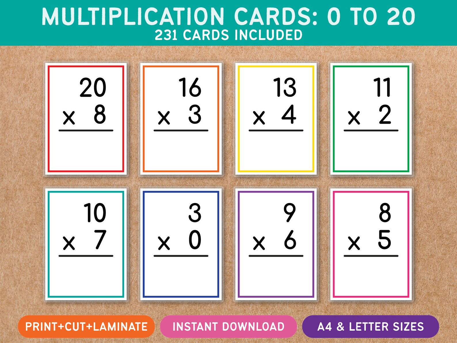 Multiplication Cards - Numbers 0 to 20 - Printable - Flash Cards ...