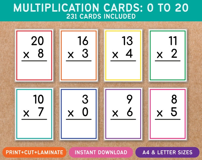 Multiplication Cards - Numbers 0 to 20 - Printable - Flash Cards ...
