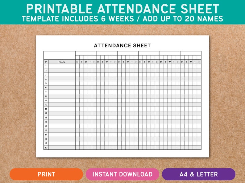 Attendance Sheet - Printable - Template - Landscape - Punctuality ...