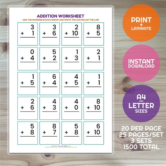 Addition Worksheets Adding Two Numbers Between 0 and 10 | Etsy