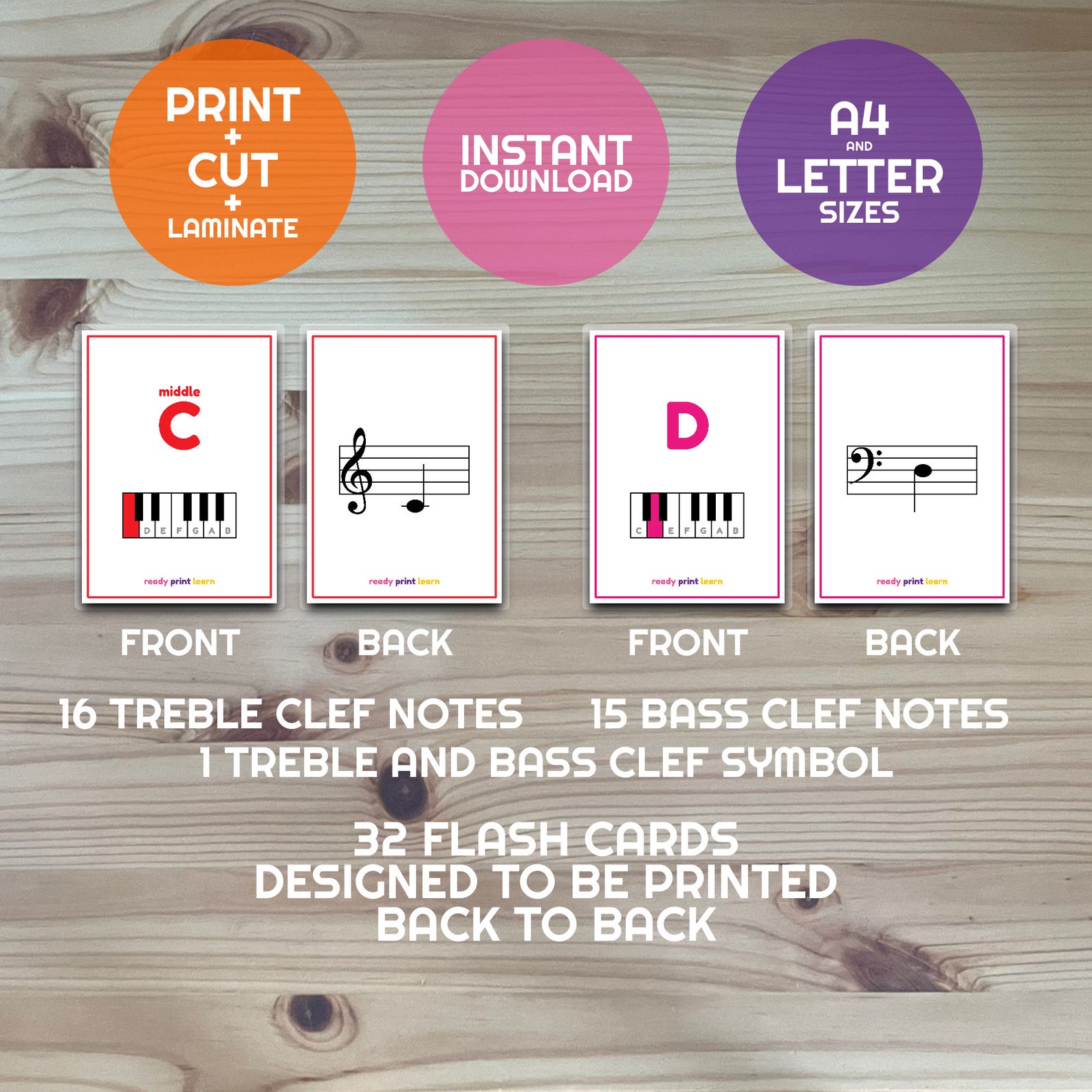 Music Notes Flash Cards - Print Back to Back - Treble G and Bass F Clef ...
