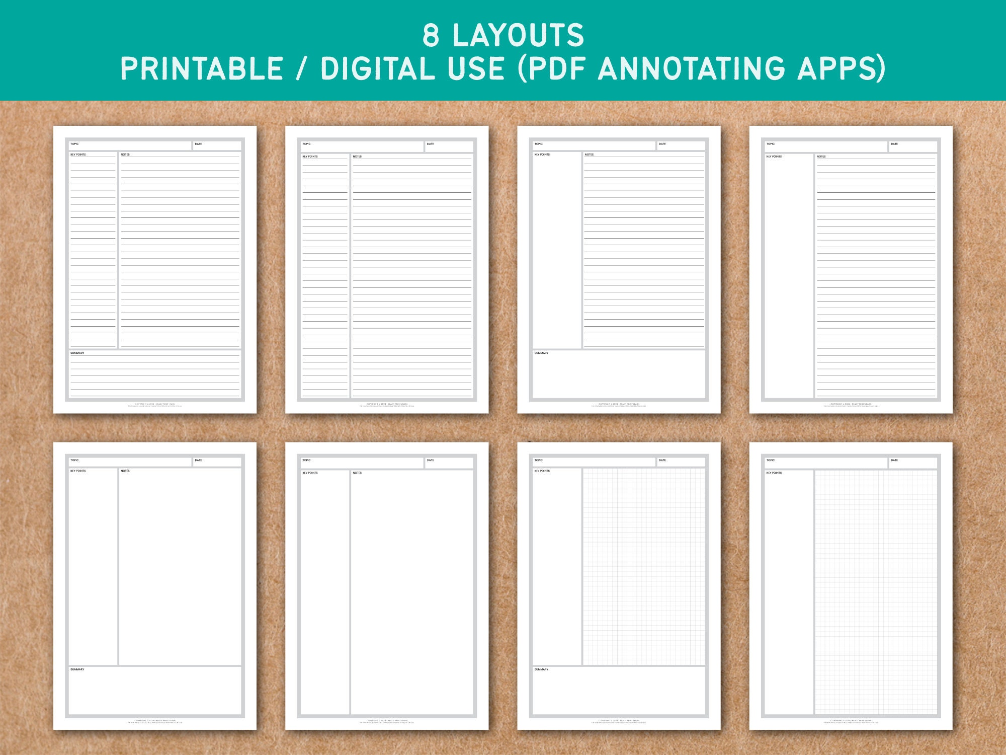 Cornell Notes - Template Printable Digital - 8 Layouts - 16 Colour ...