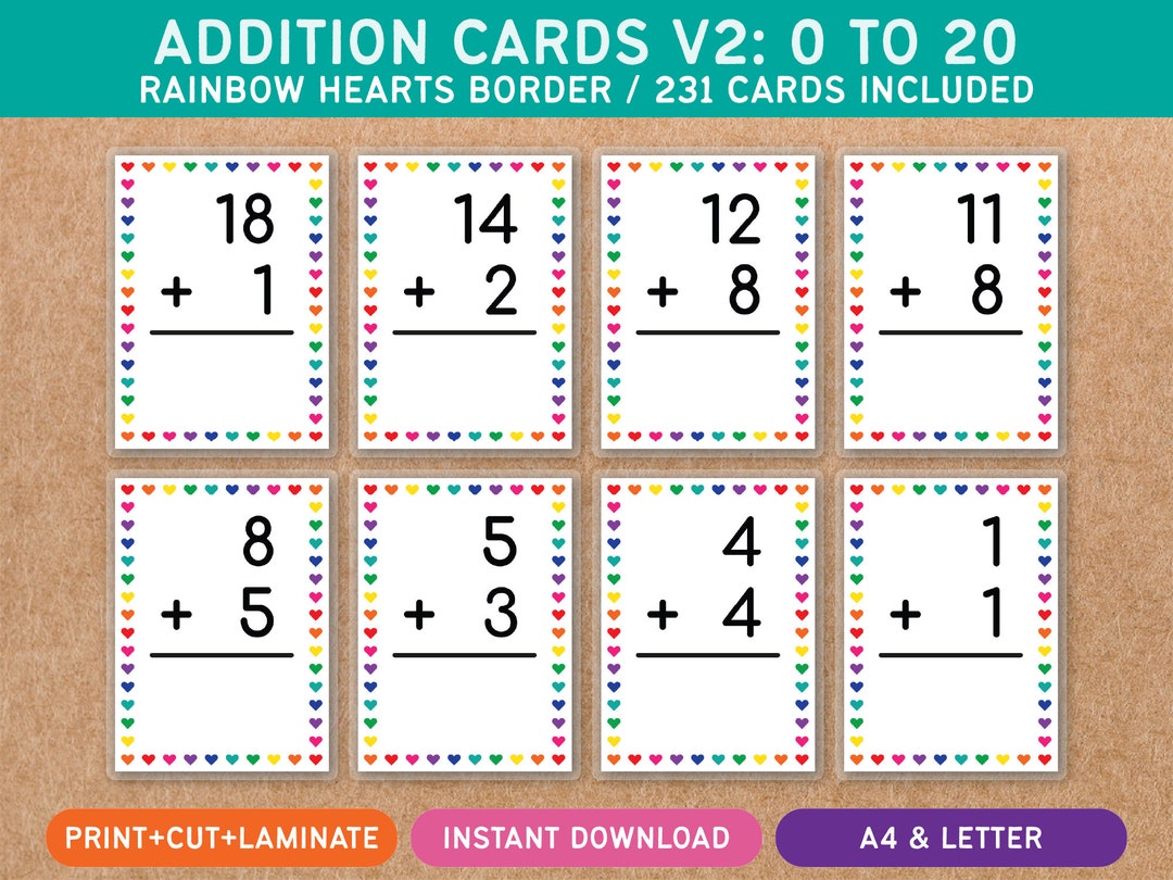 Addition Cards V2 - Numbers 0 to 20 - Rainbow Hearts - Printable ...