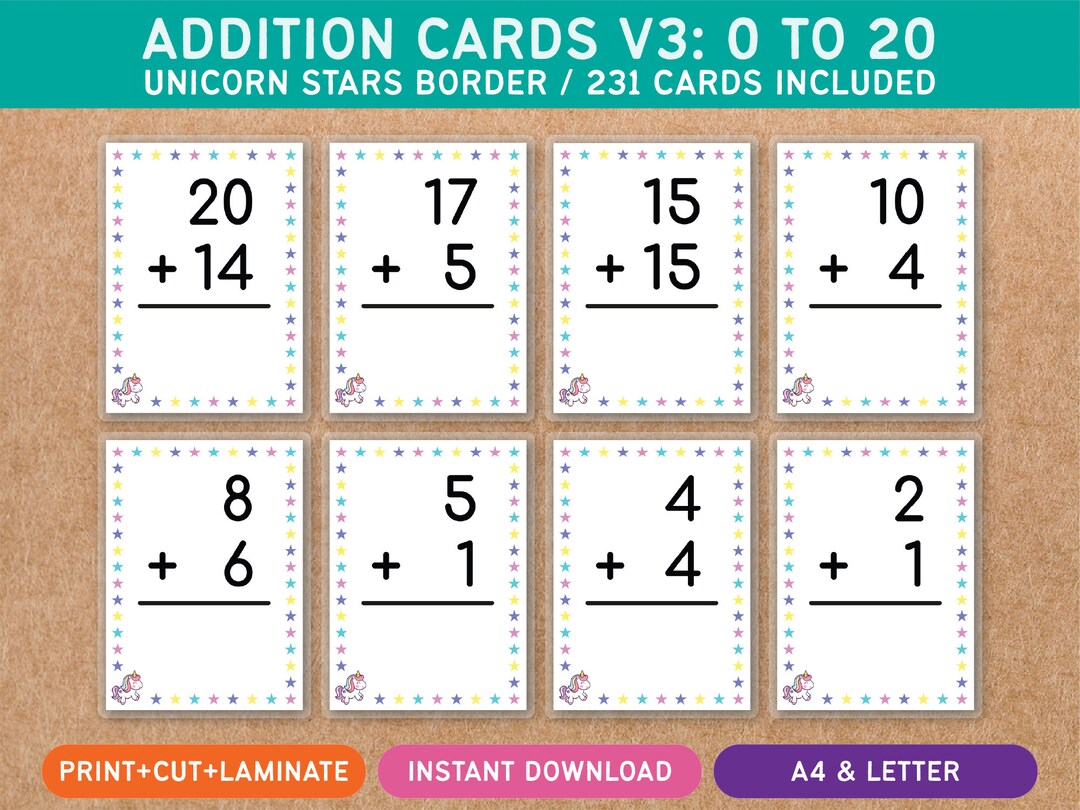 Addition Cards V3 Numbers 0 to 20 Unicorn Stars Printable Flash Cards ...