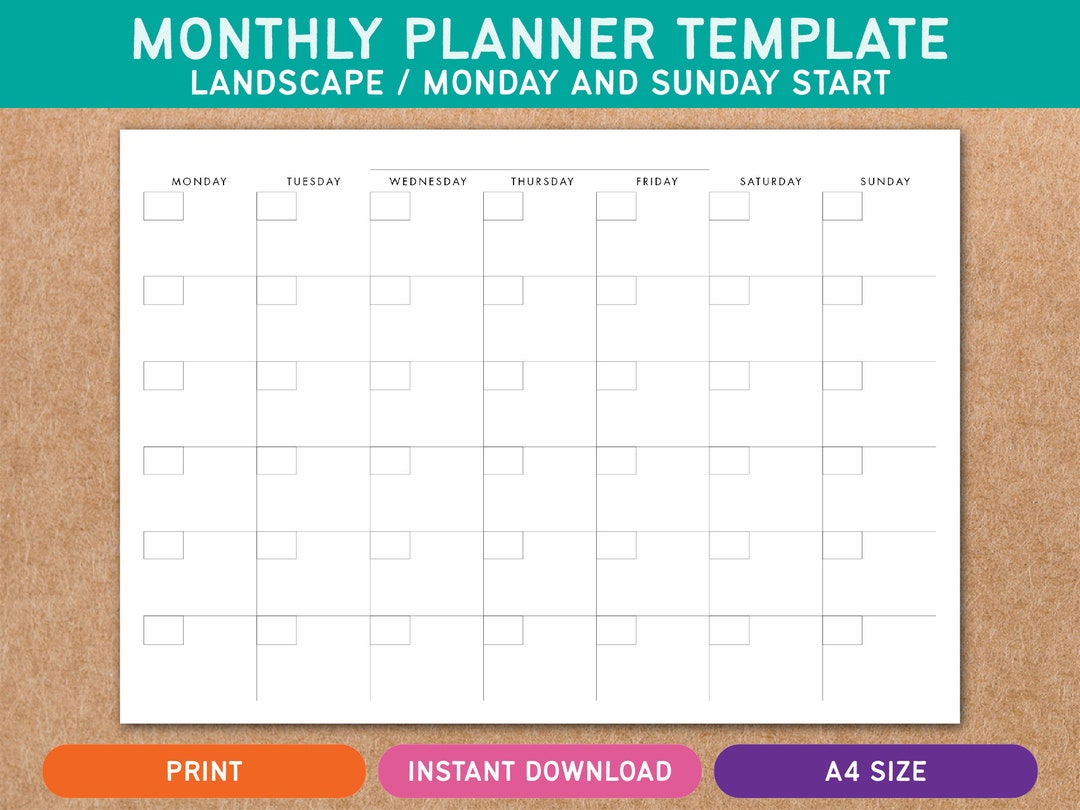 Printable Monthly Planner Template - Calendar - Landscape Productivity ...