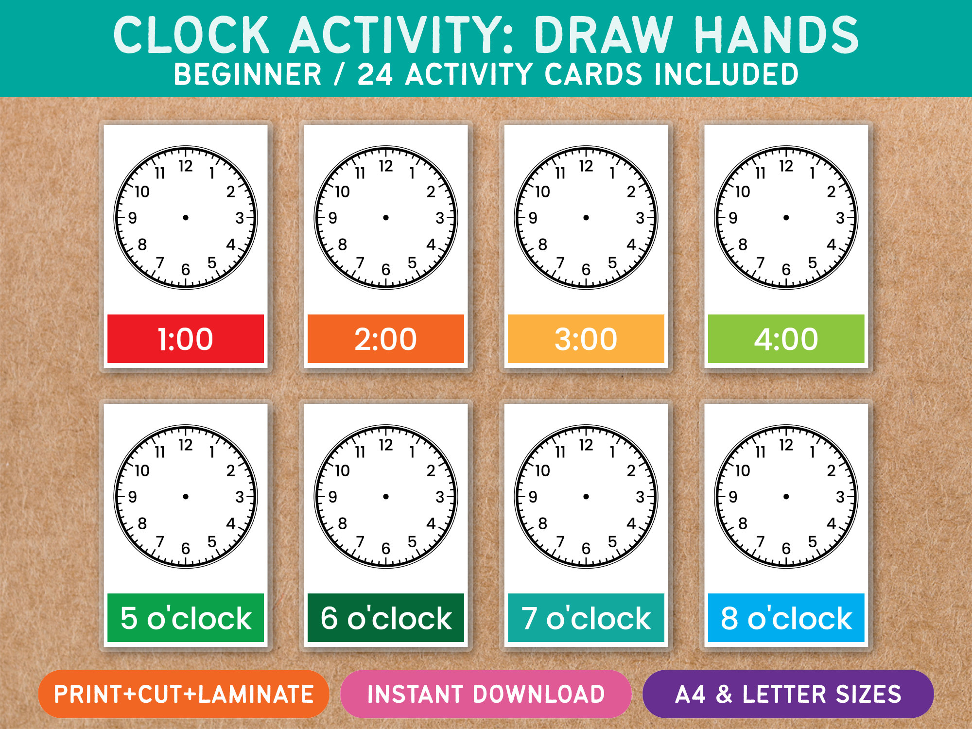Clock Activity Cards - Beginner - Draw the Hands - Time - Task Boxes ...