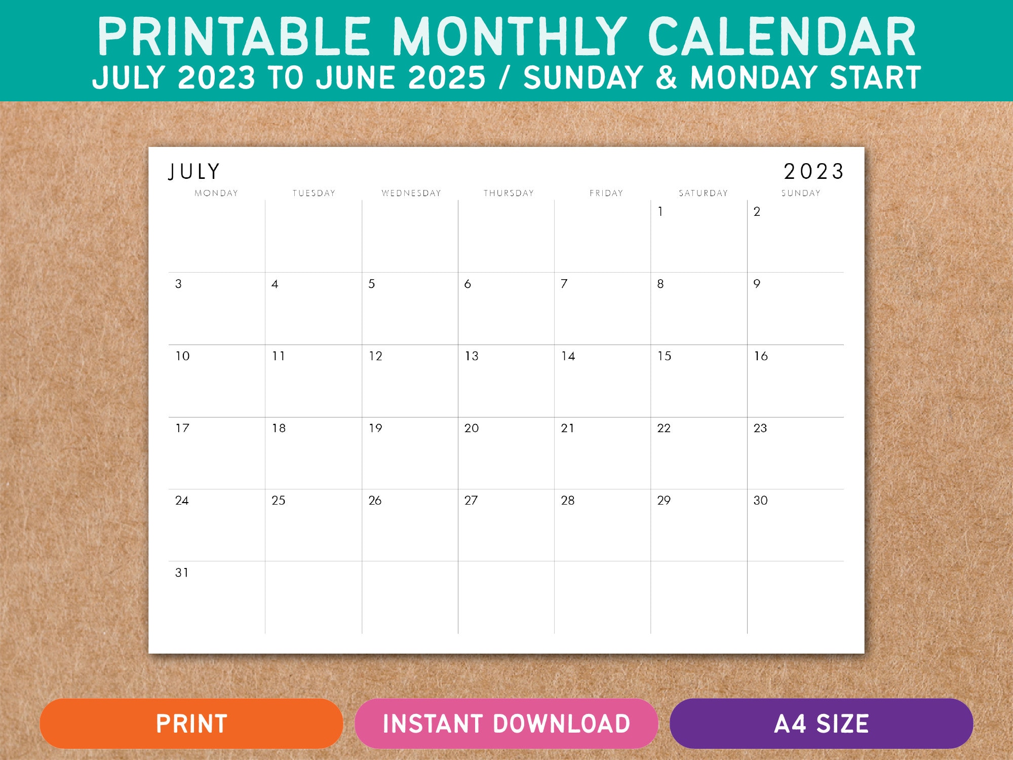 Printable Monthly Calendar Planner - July 2023 to June 2025 - Sunday ...