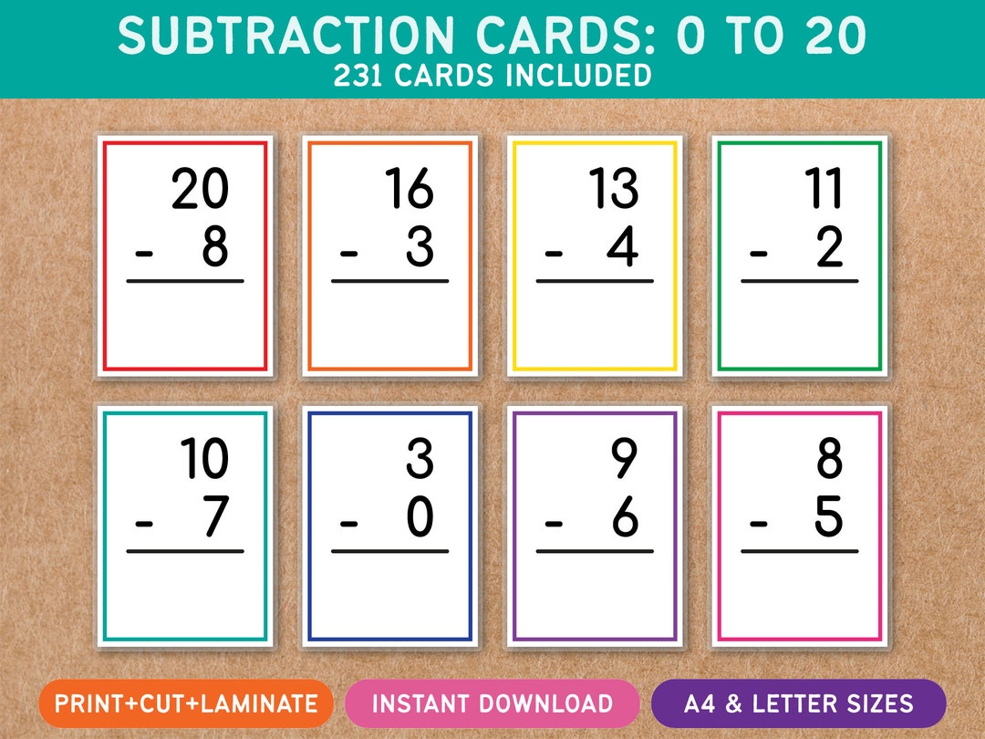 Subtraction Cards - Numbers 0 to 20 - Printable - Flash Cards ...