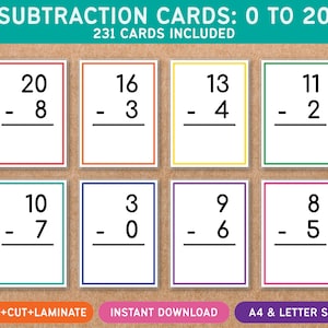 Subtraction Cards - Numbers 0 to 20 - Printable - Flash Cards ...