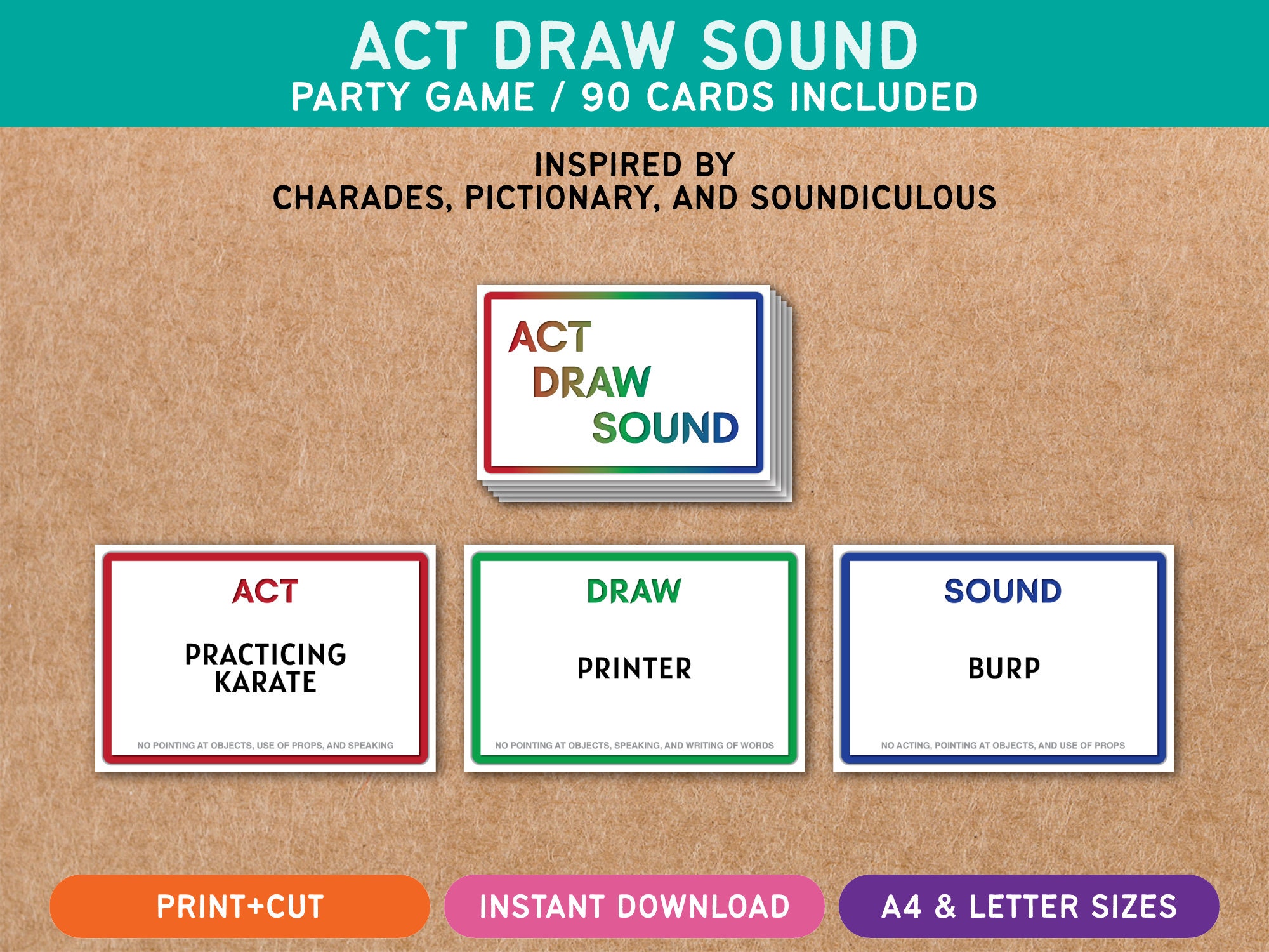 Act Draw Sound - Printable Cards - Party Game - Inspired by Charades ...