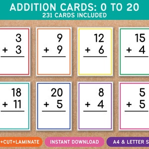 Addition Cards - Numbers 0 to 20 - Printable - Flash Cards - Preschool ...