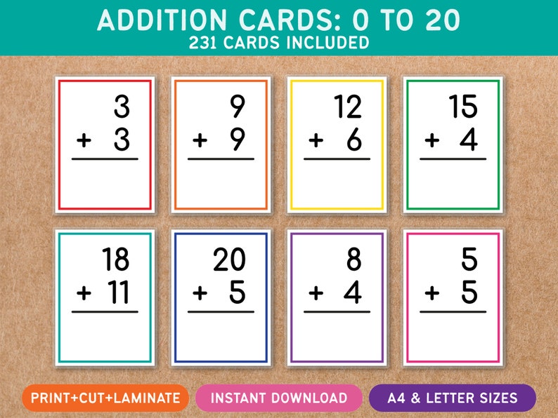 Addition Cards - Numbers 0 to 20 - Printable - Flash Cards - Preschool ...