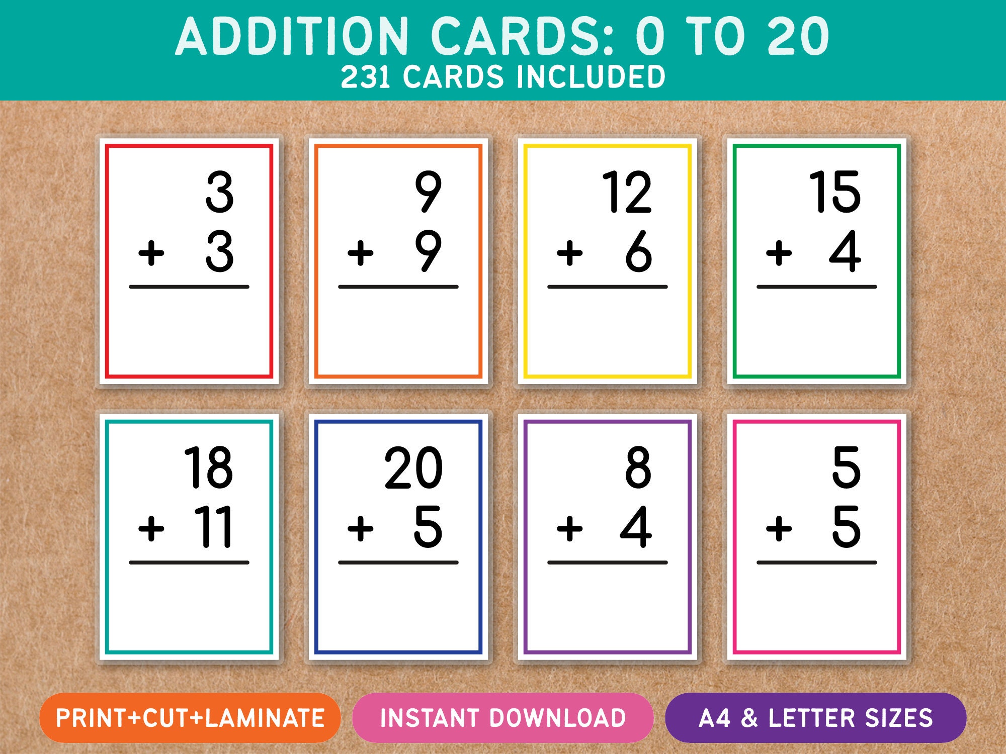 Addition Cards - Numbers 0 to 20 - Printable - Flash Cards - Preschool ...