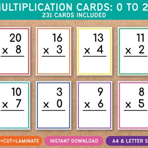 Multiplication Cards Numbers 0 to 20 Printable Flash - Etsy