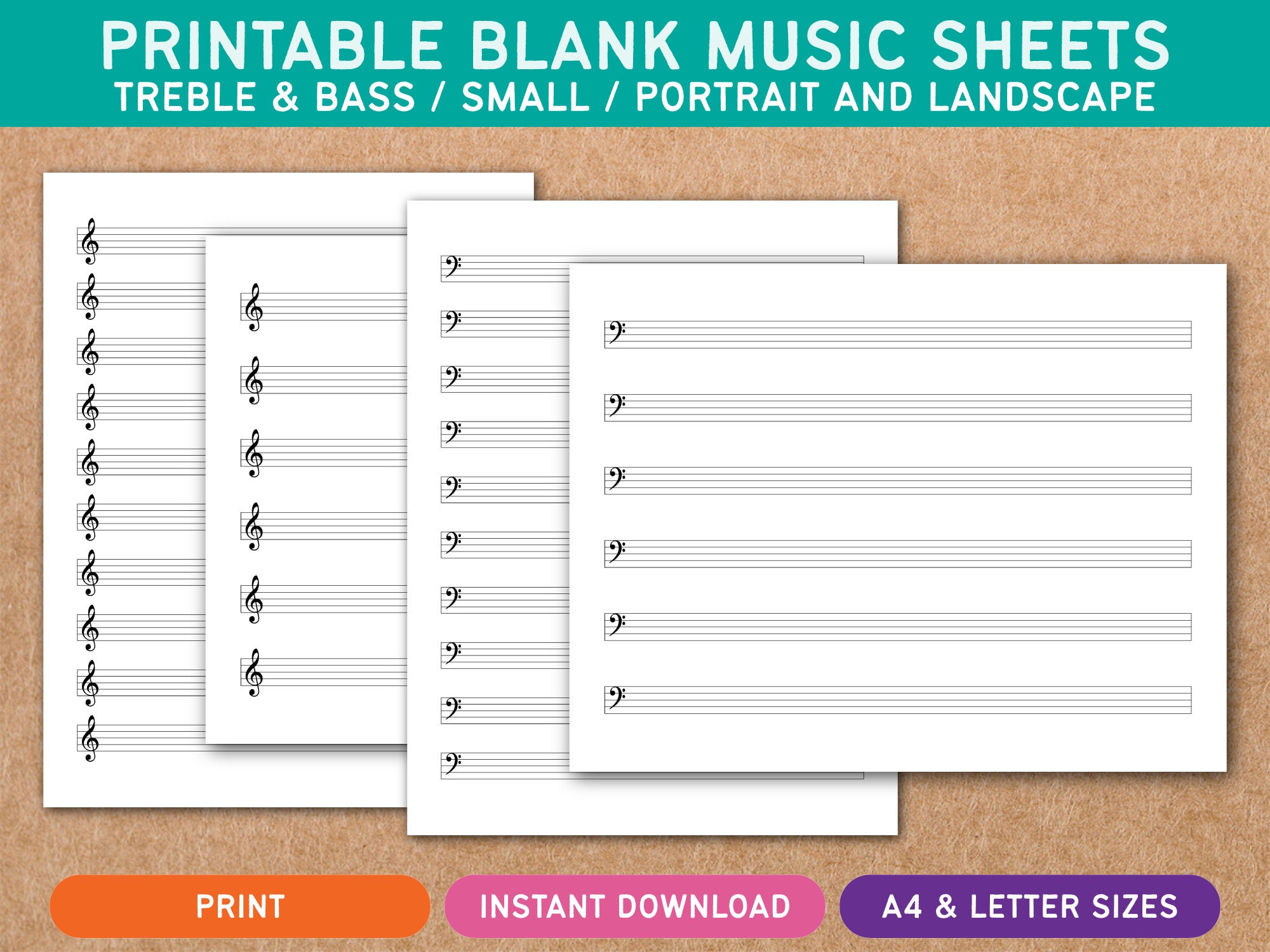 Printable Blank Music Sheets Treble Bass Staff Small Manuscript Paper ...