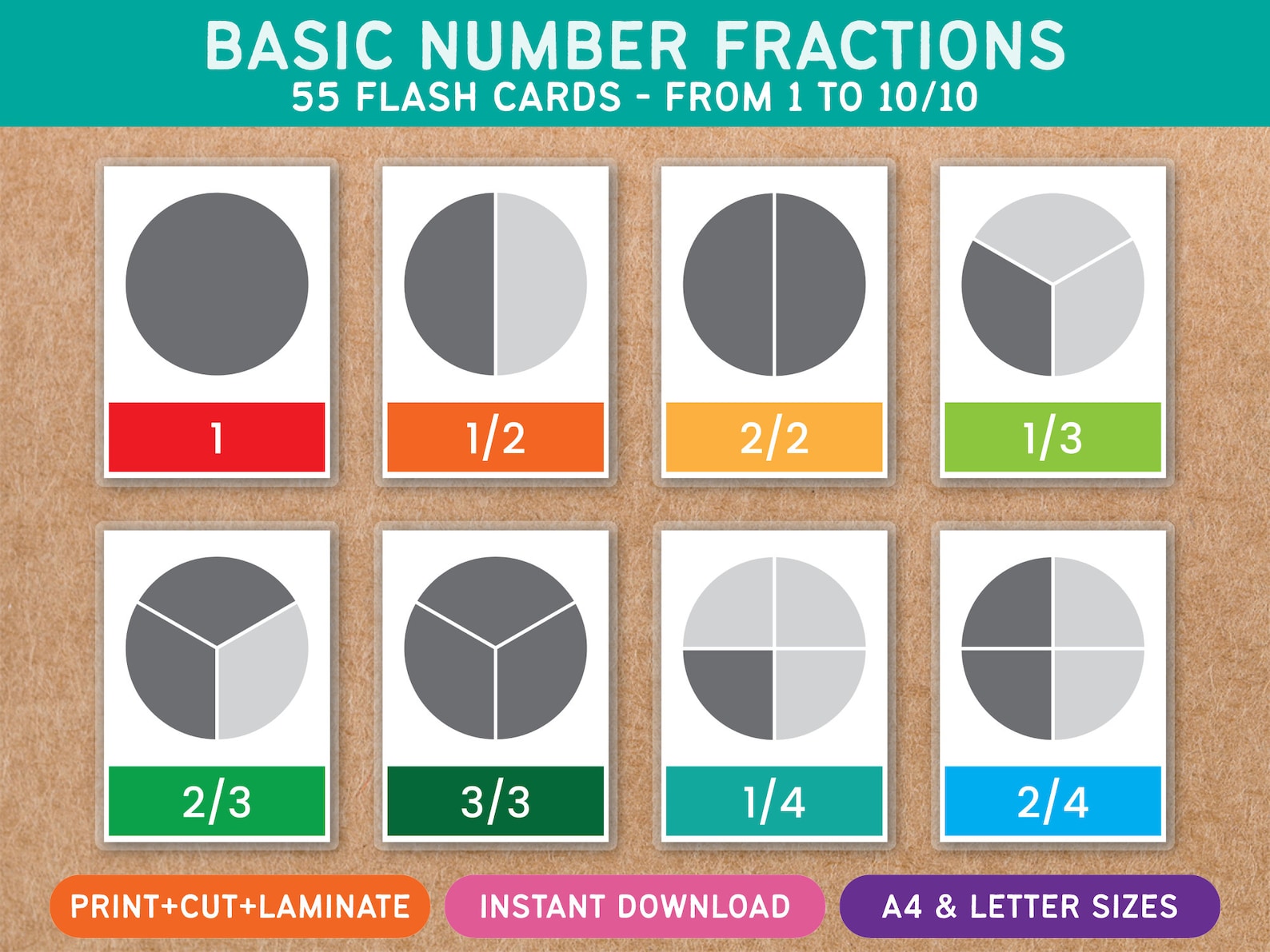 Basic Number Fractions Flash Cards Printable Primary School Homeschool ...