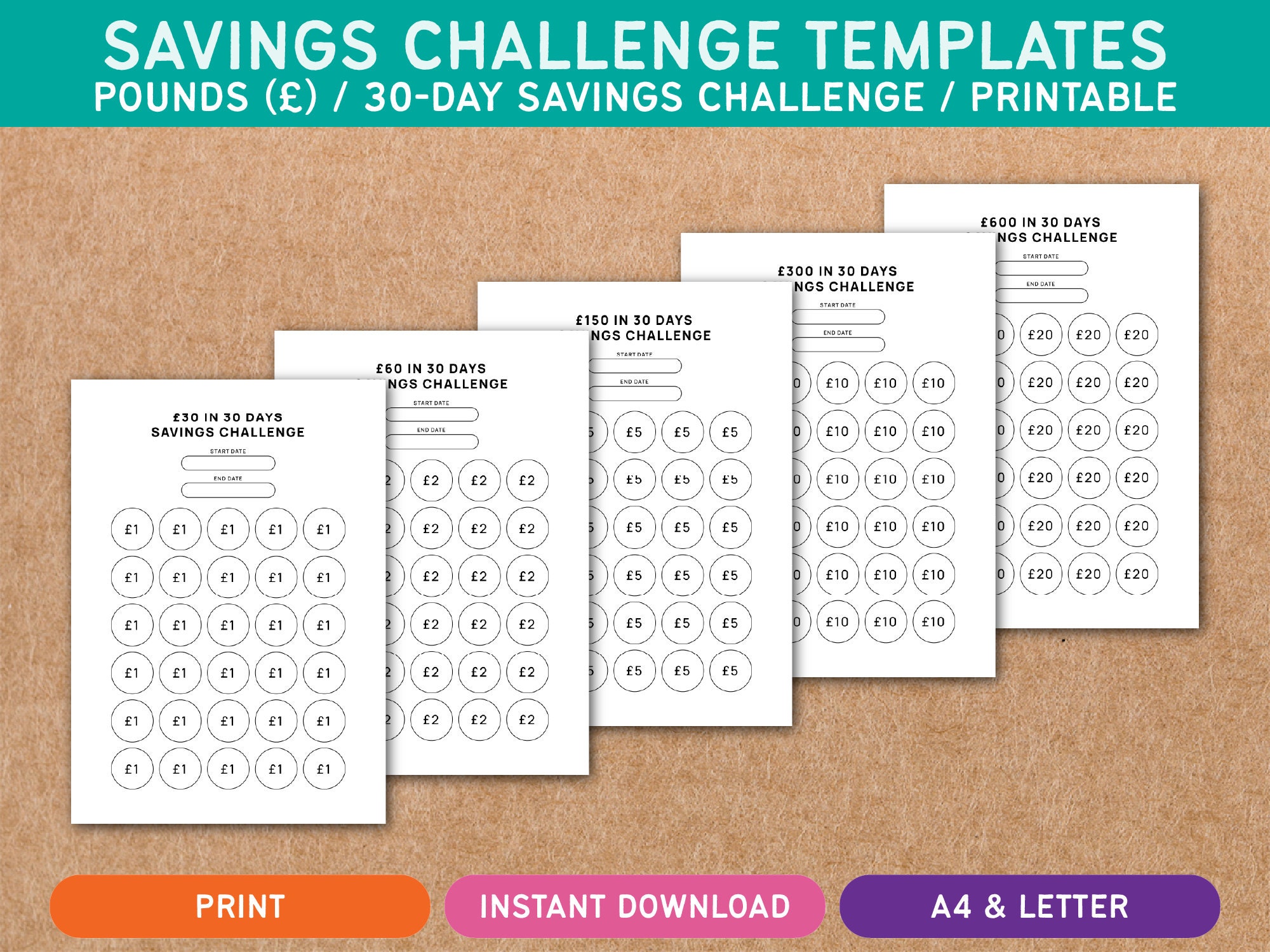 30-day Savings Challenge Templates - Pounds - Printable - Money Coins ...