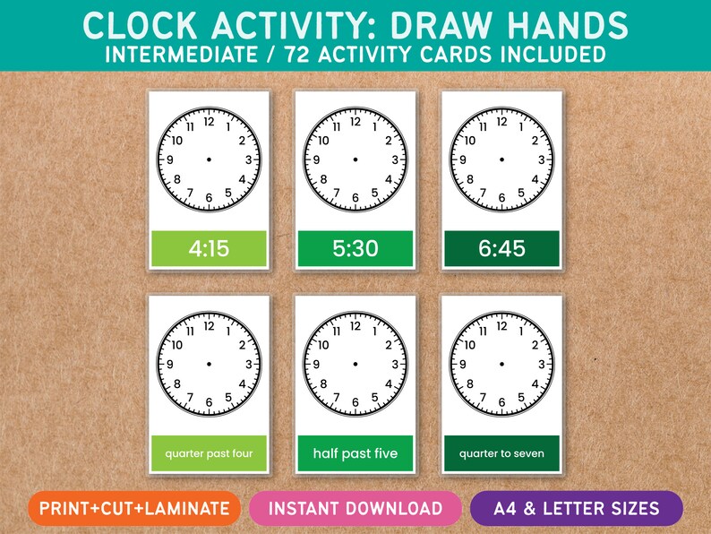 Clock Activity Cards Intermediate Draw Hands Time Task - Etsy