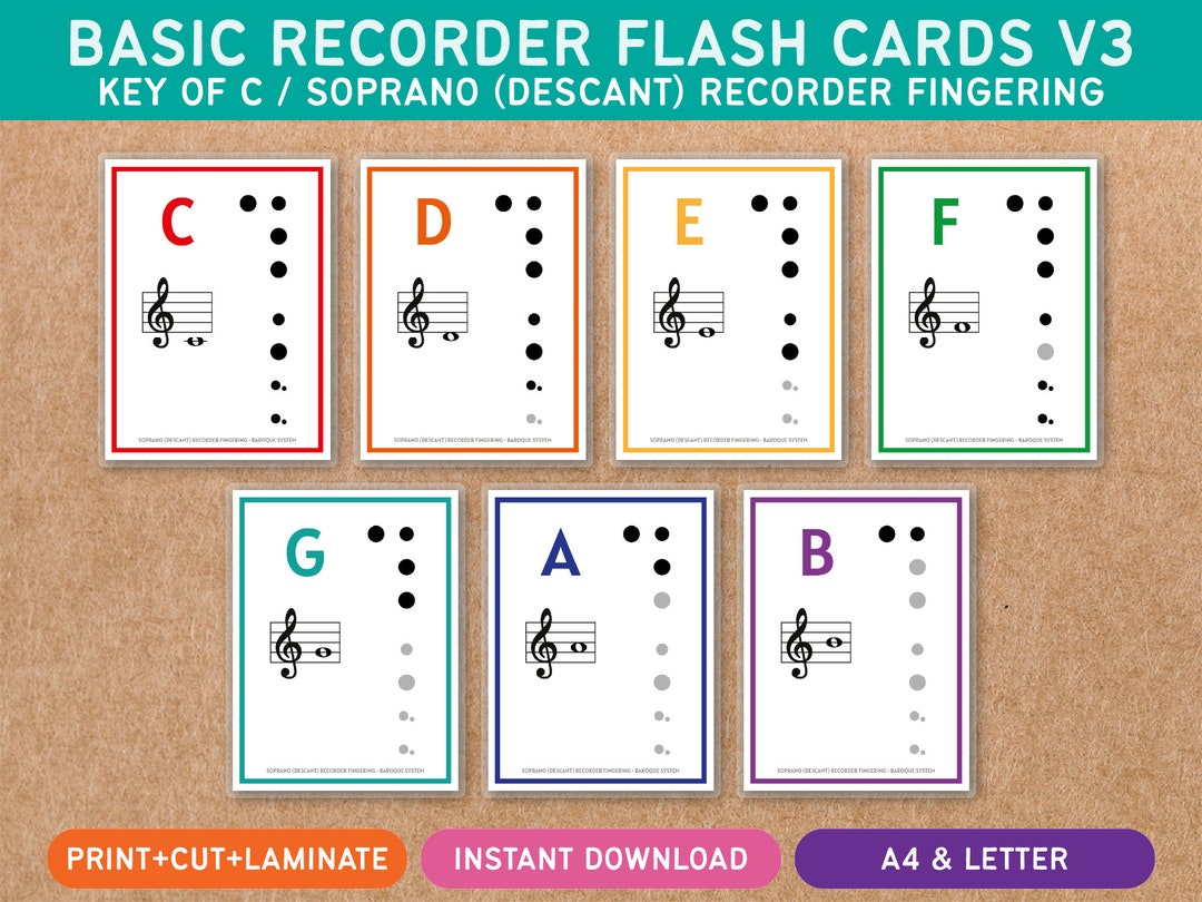 Basic Soprano Recorder Fingering Flash Cards V3 - Printable - Key of C ...