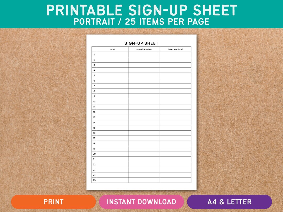 Sign-up Sheet - Printable - Template - Portrait - Events Activities ...