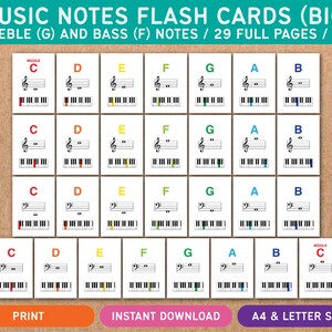 Big Music Notes Flash Cards Full Page Treble G and Bass F Clef Music ...