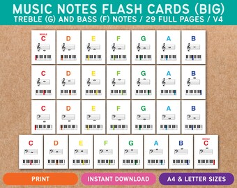 Big Music Notes Flash Cards Treble G and Bass F Clef Music Theory Learn ...