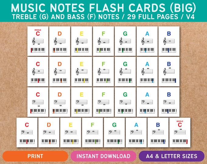 Big Music Notes Flash Cards - Full Page- Treble G and Bass F Clef ...
