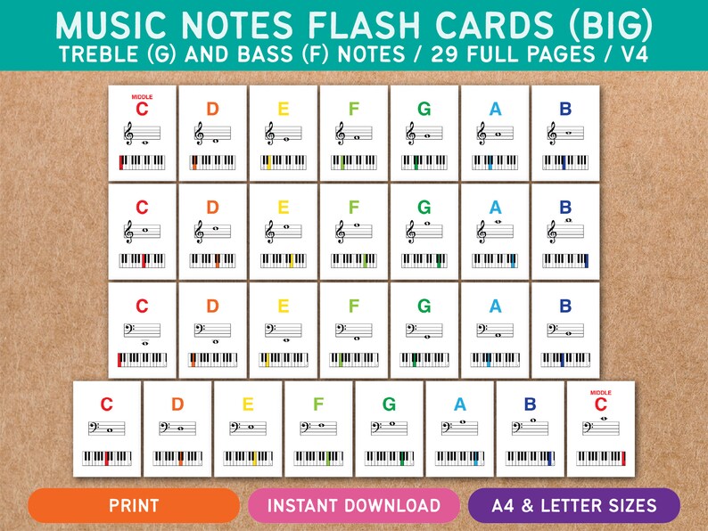 Big Music Notes Flash Cards - Full Page- Treble G and Bass F Clef ...