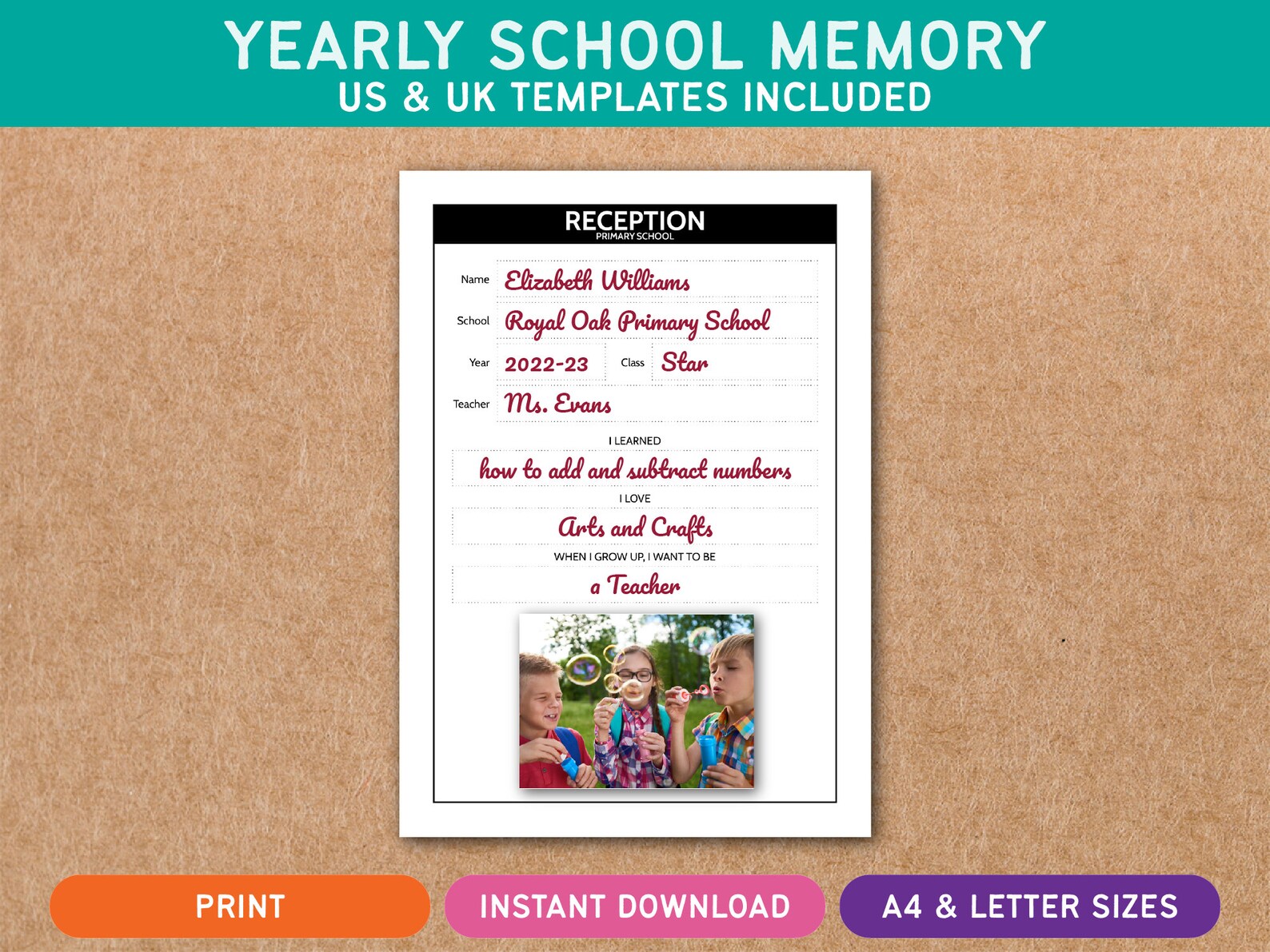 Yearly School Memory Templates US UK Reception Preschool Kindergarten ...