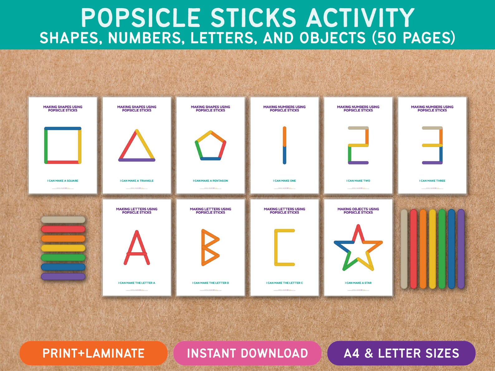 Popsicle Sticks Activity - Printable - Shapes Alphabet Letters Numbers ...