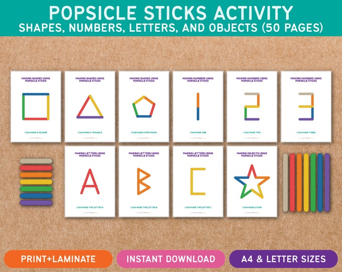 Popsicle Sticks Activity - Printable - Shapes Alphabet Letters Numbers ...
