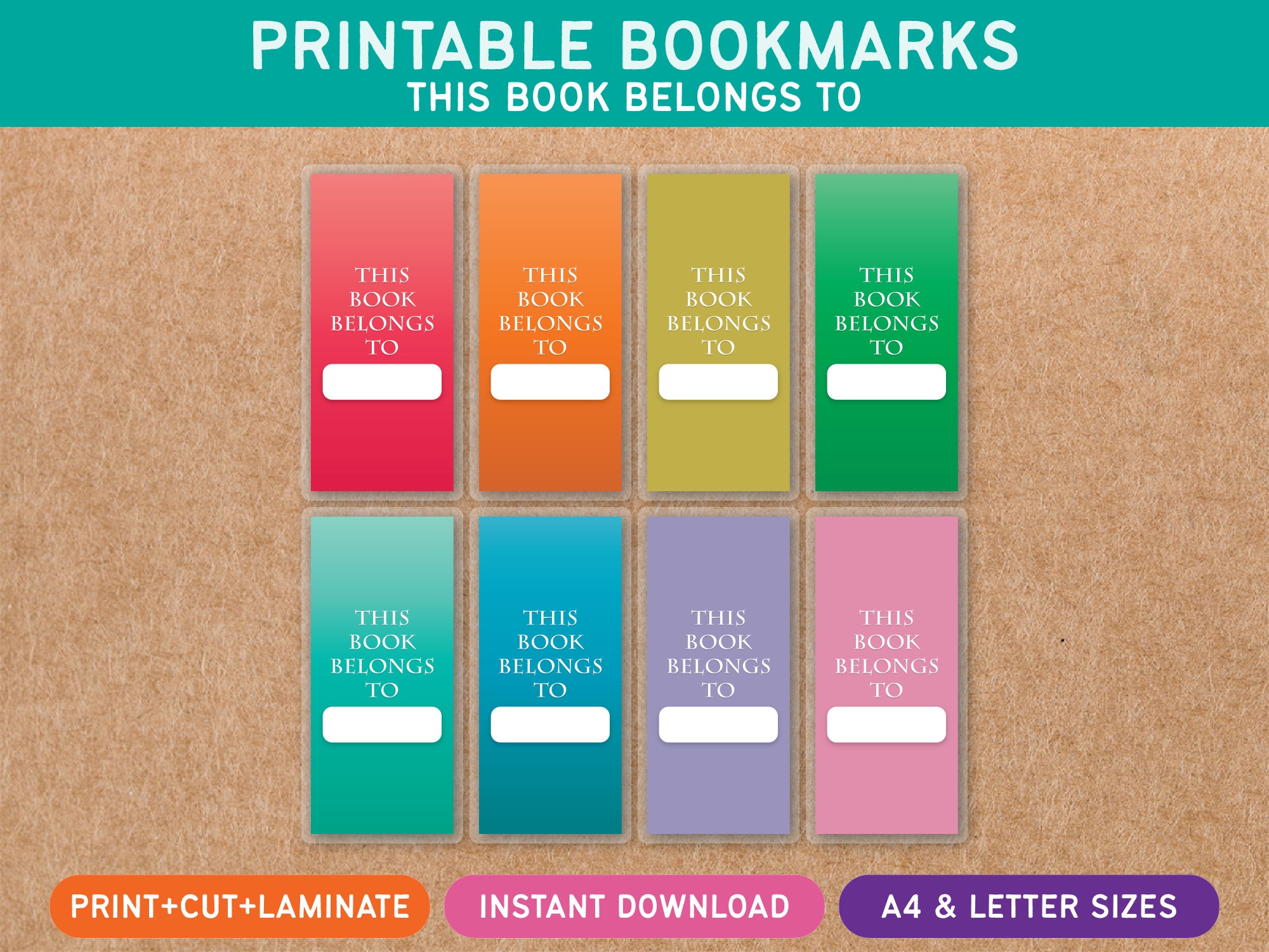 This Book Belongs to 48 Bookmarks Printable Colorful Gradient Print Cut ...