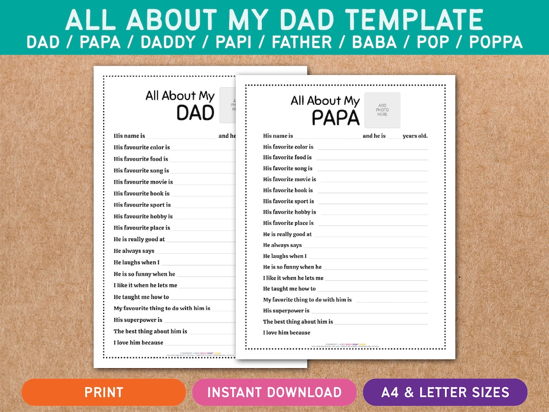 All About My DAD Template Father's Day Gift Dad Daddy - Etsy