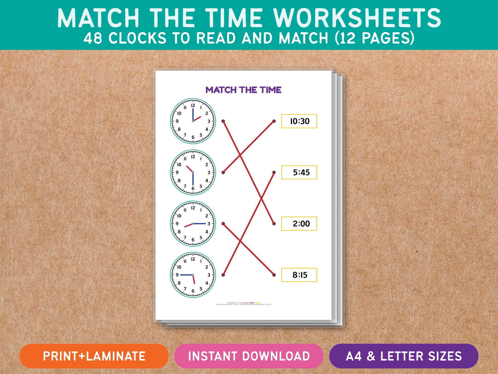 Match the Time Worksheets Printable Learning to Read Clock Watch ...