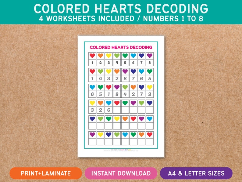 Colored Hearts Decoding Printable Numbers Activity Kids Preschool ...