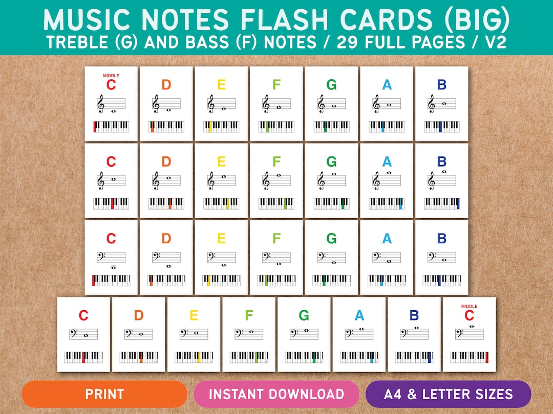 Big Music Notes Flash Cards Full Page Treble G and Bass F - Etsy