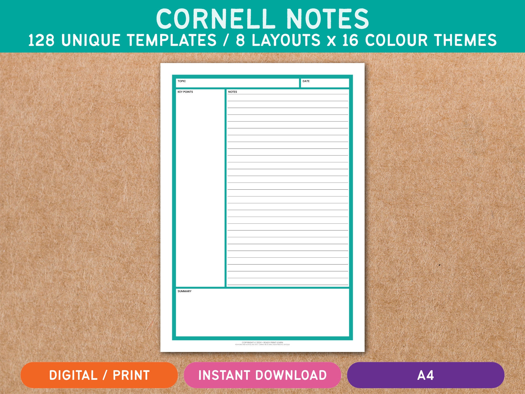 Cornell Notes - Template Printable Digital - 8 Layouts - 16 Colour ...