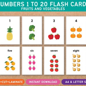 Numbers 1 to 20 Flash Cards - Fruits & Vegetables - Printable ...
