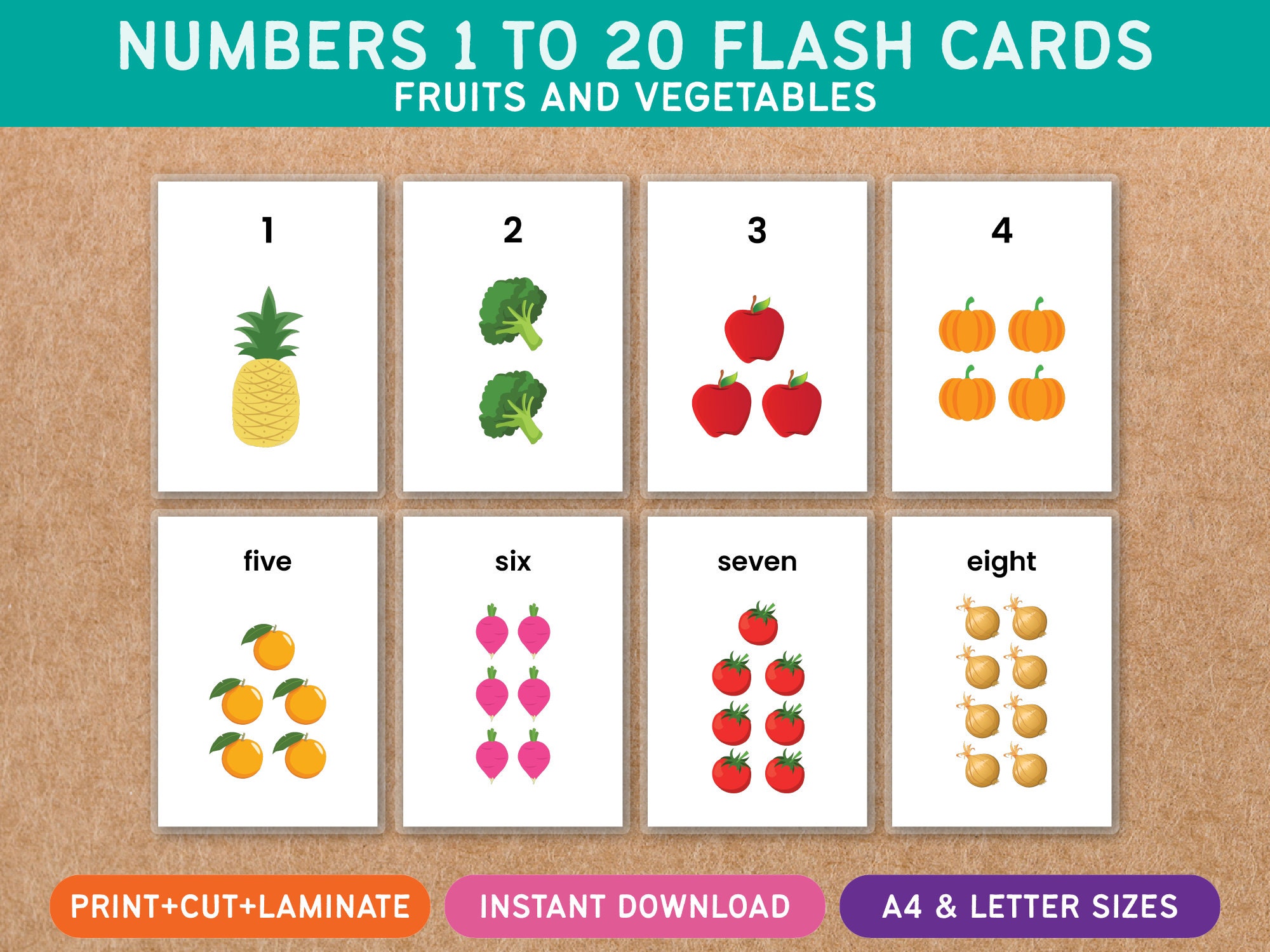 Numbers 1 to 20 Flash Cards - Fruits & Vegetables - Printable ...