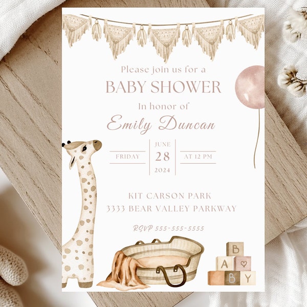 Editable Boho Giraffe Baby Girl Shower Welcome Sign Template, Bassinet ...
