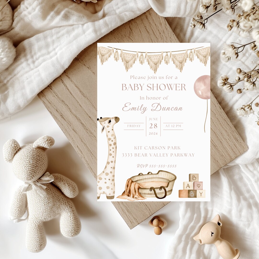 Editable Boho Girl Giraffe Baby Shower Invitation, Bassinet Crib Invite ...