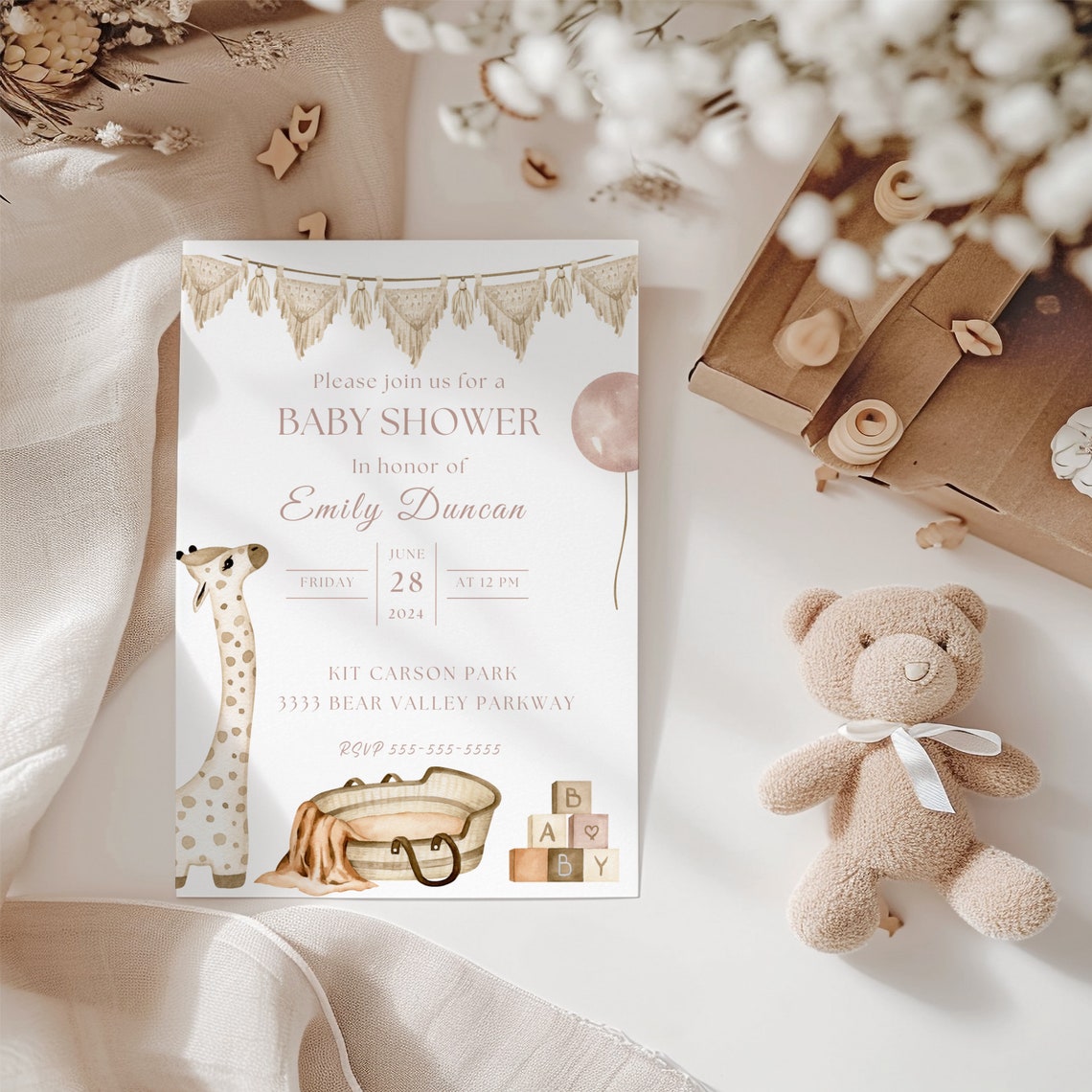 Editable Boho Girl Giraffe Baby Shower Invitation, Bassinet Crib Invite ...