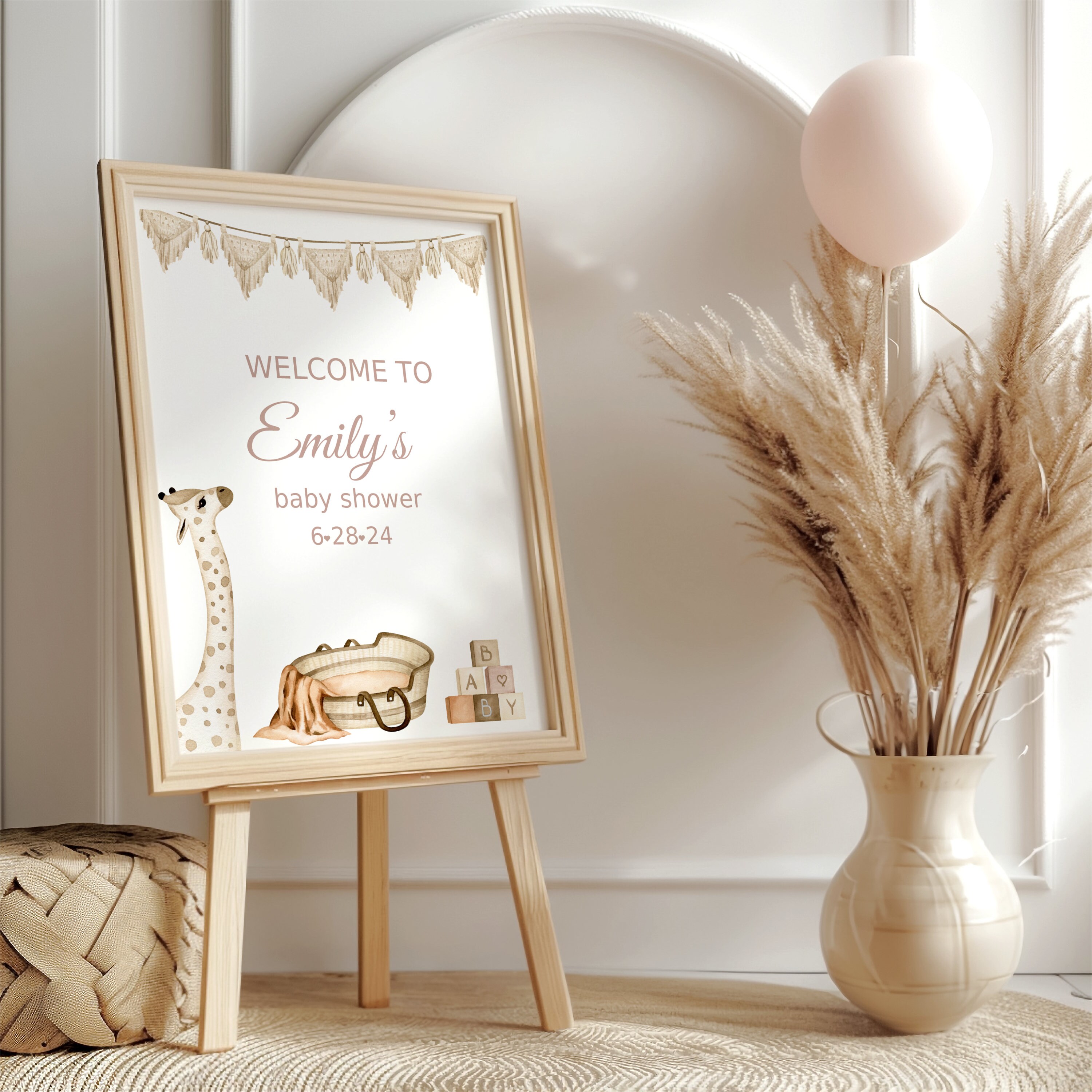 Editable Boho Giraffe Baby Girl Shower Welcome Sign Template, Bassinet ...