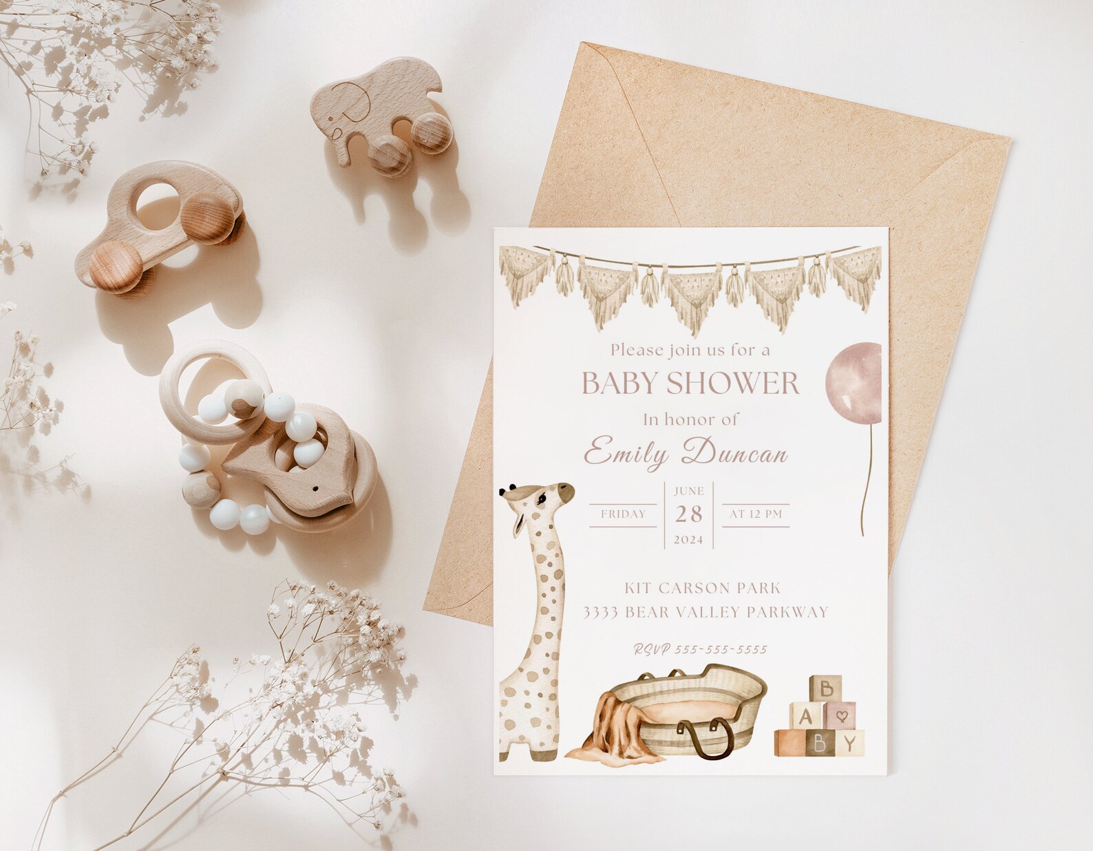 Editable Boho Girl Giraffe Baby Shower Invitation, Bassinet Crib Invite ...