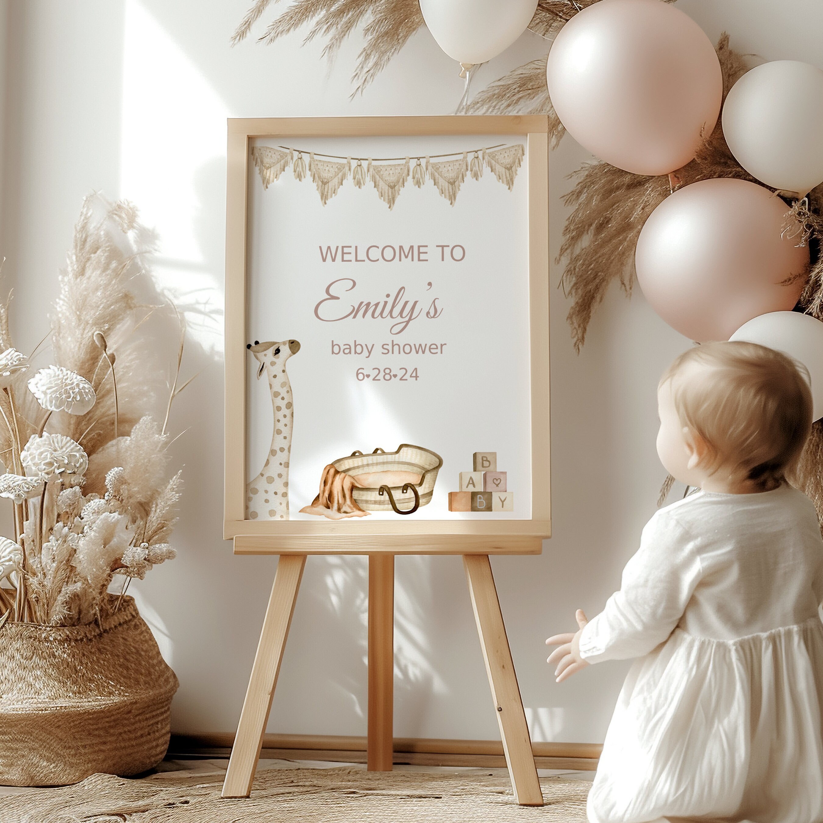 Editable Boho Giraffe Baby Girl Shower Welcome Sign Template, Bassinet ...