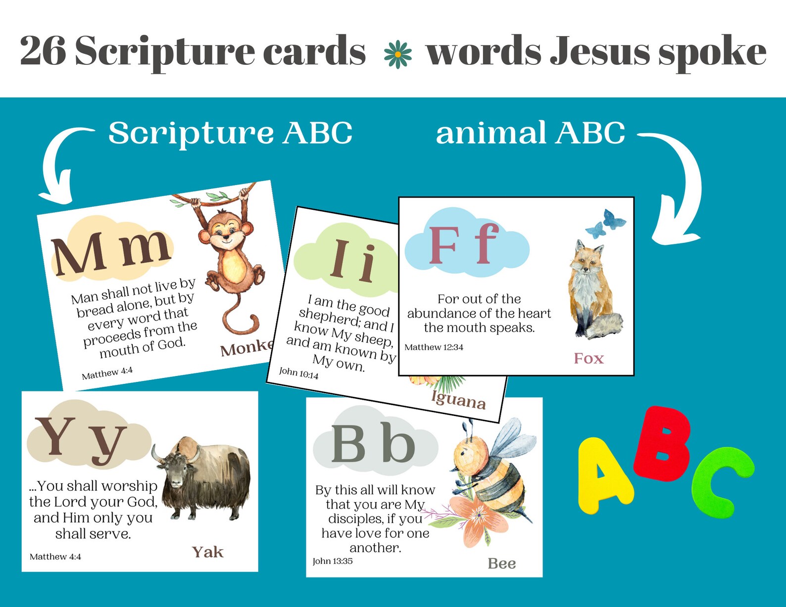ABC Kids Bible Verses ABC Animal Cards NKJV New Testament Words Jesus ...