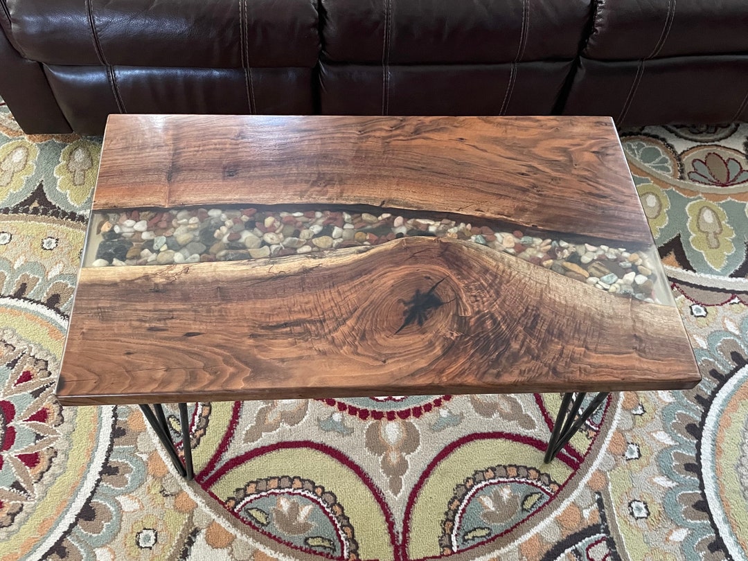 River Table Walnut Coffee Table With Epoxy Resin River Rock - Etsy